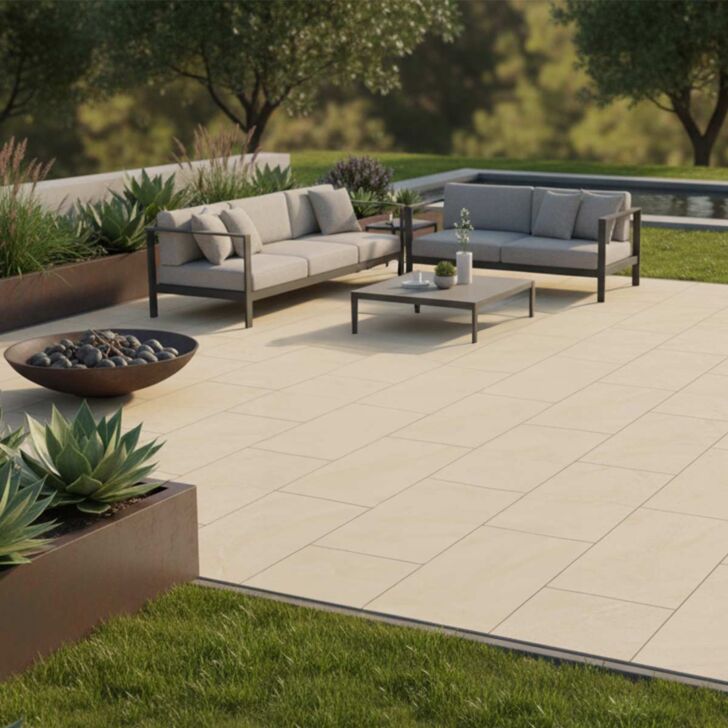 Stanford Ragstone Cream - Stone-Effect Porcelain Paving Slabs - Light ...